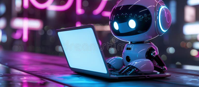 Cute Friendly Artificial Intelligence Robot Using Laptop Computer with Purple Neon Glow Light ...
