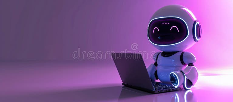 Cute Friendly Artificial Intelligence Robot Using Laptop Computer with ...