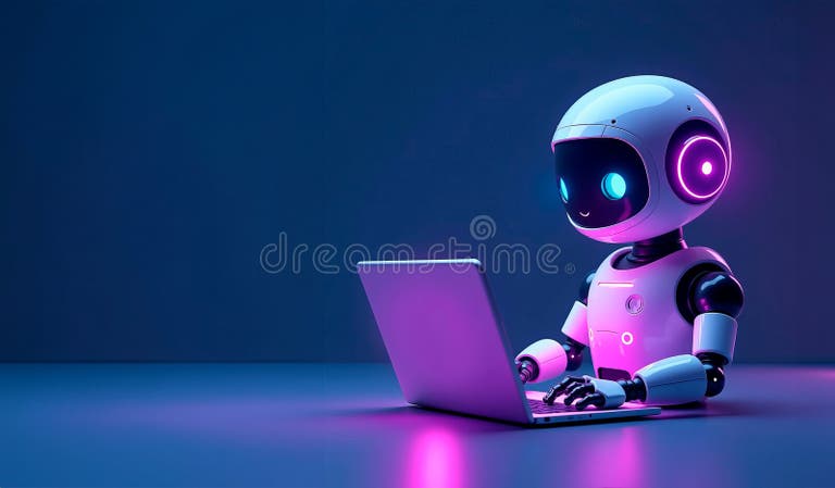 Cute Friendly Artificial Intelligence Robot Using Laptop Computer with ...