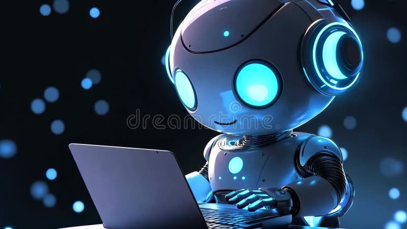Cute Friendly Artificial Intelligence Robot Using Laptop Computer with ...