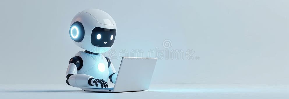 Cute Friendly Artificial Intelligence Robot Using Laptop Computer with ...