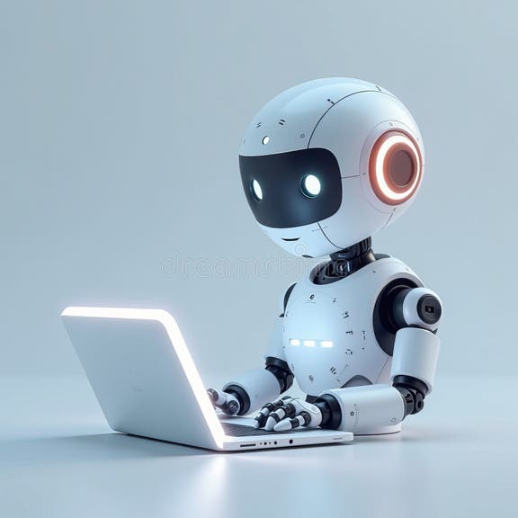 Cute Friendly Artificial Intelligence Robot Using Laptop Computer with ...