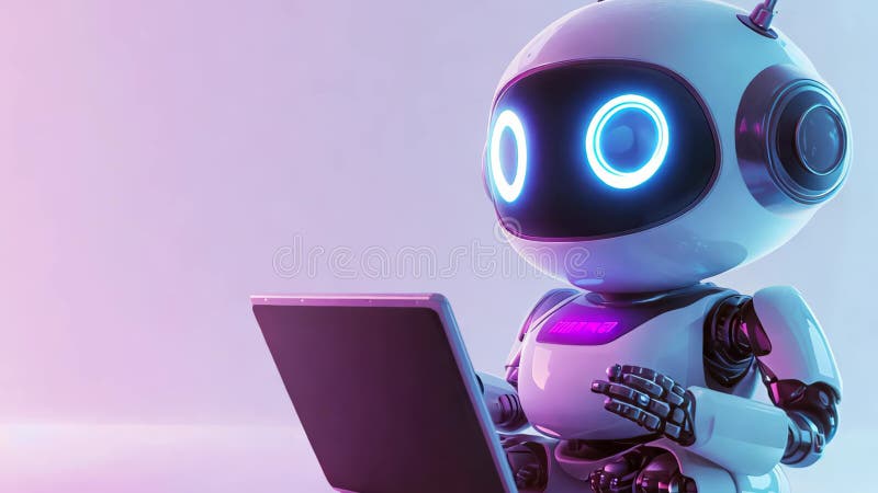 Cute Friendly Artificial Intelligence Robot Using Laptop Computer with ...