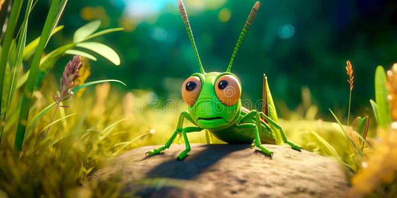 Cute Friendly Grasshopper and His Journeys Along the Paths. Generative ...