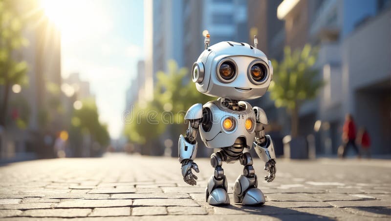 Cute Toy Friendly Robot on the Street Stock Illustration - Illustration ...
