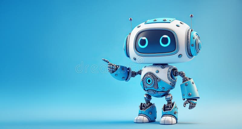 Cute Friendly Robot Pointing Fingers at Copy Space on Blue Background ...