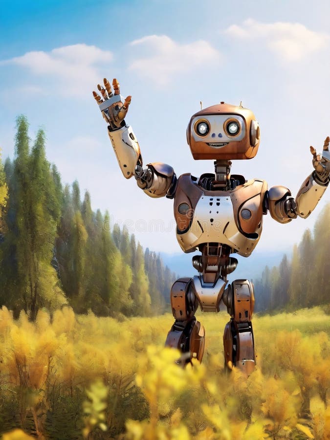 Cute and Friendly Robot Raising Hands To Greet Humans. Stock ...