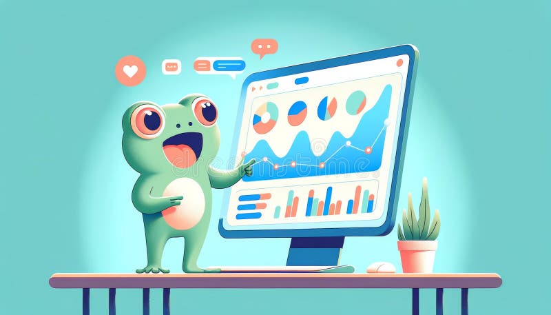 Cute Frog Analyzing Data on Computer, Business Analytics Concept Stock ...