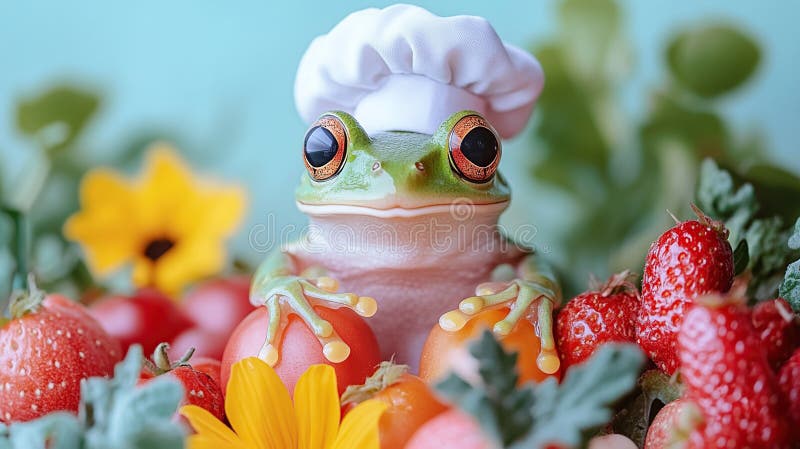 Cute Frog Chef Surrounded by Fresh Fruits and Vegetables Stock ...