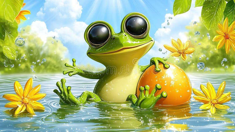 Cute Frog in a Pond with a Ball Stock Illustration - Illustration of ...