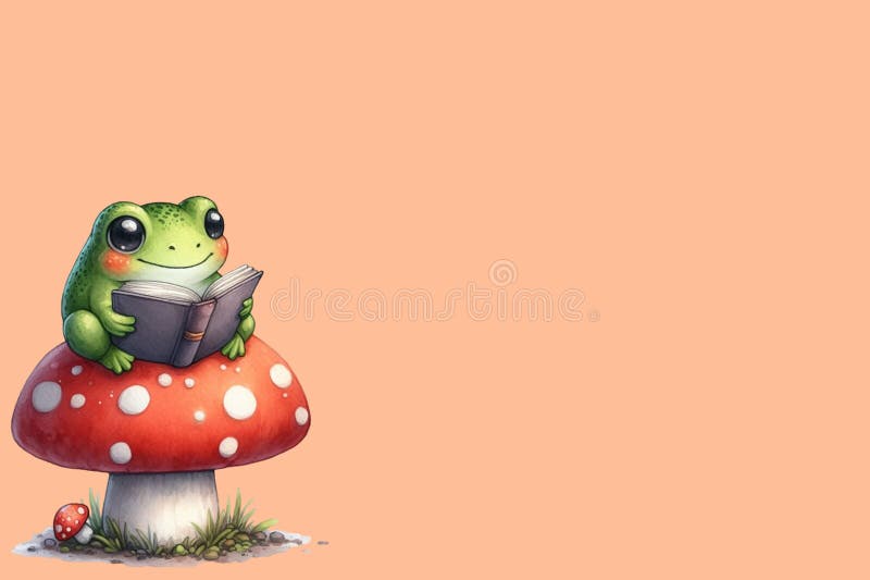 Cute Frog Reading a Book Peach Fuzz Color Background Stock Illustration ...