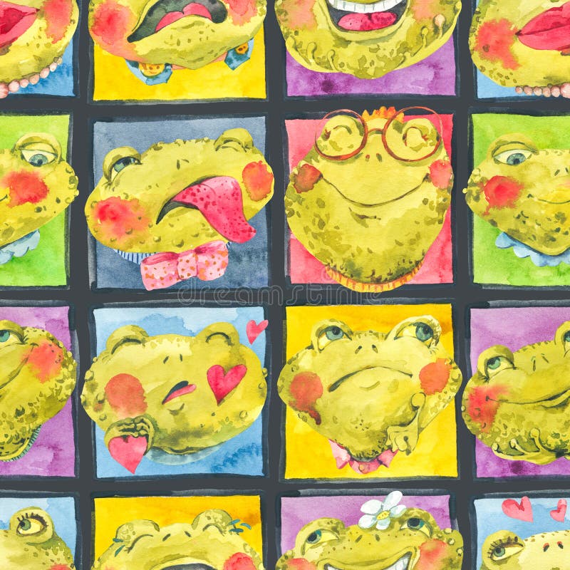 Cute Frog Seamless Pattern, Happy Faces Stock Illustration ...