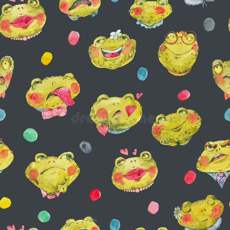 Cute Frog Seamless Pattern, Happy Faces Stock Illustration ...