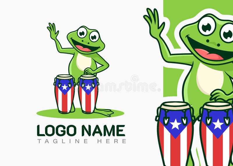 Cute Frog Singing and Playing Drum. Cartoon Vector Logo Illustration ...