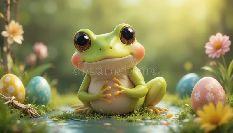 Cute Frog Sitting among Easter Eggs in a Spring Field Stock Photo ...