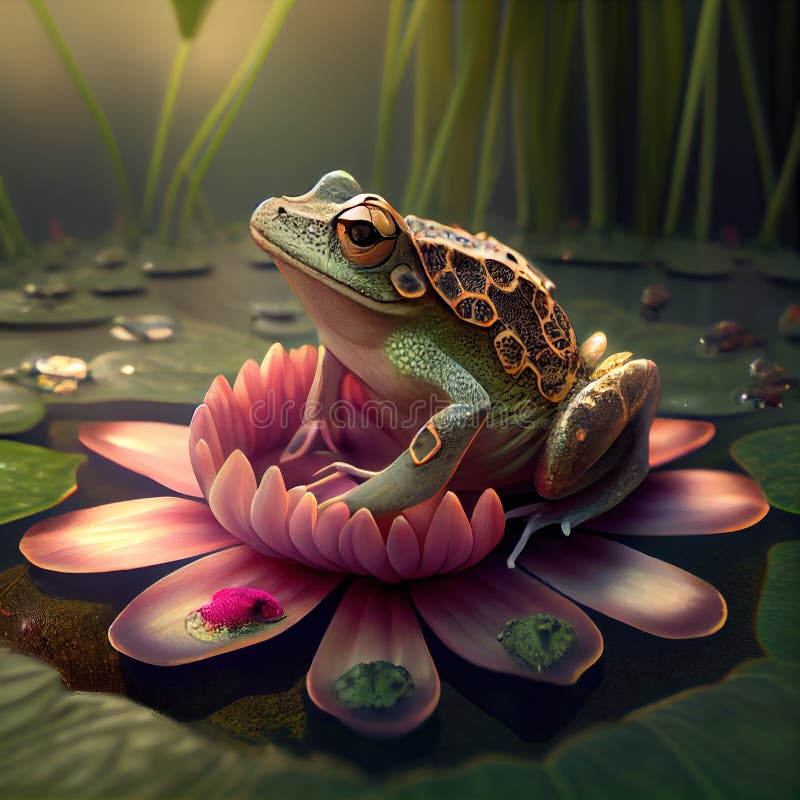 Generative AI: Cute Frog on a Waterlilly in a Pond with Flowers Stock ...