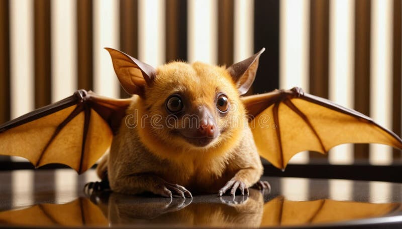 Cute Fruit Bat Resting with Wings Spread Out on Glossy Surface Stock ...