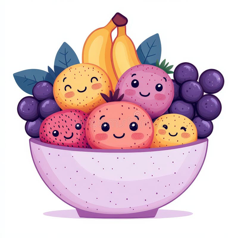 Cute Fruit Characters in Bowl, Showcasing Happiness and Joy Stock ...