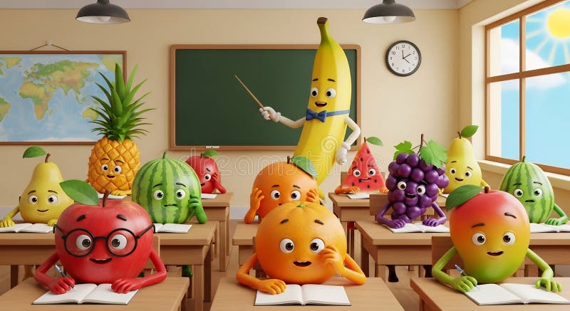 Cute Fruit Characters Learning in Classroom Stock Image - Image of ...