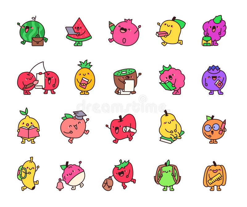 Cute Fruit Characters with School Things Stock Illustration ...