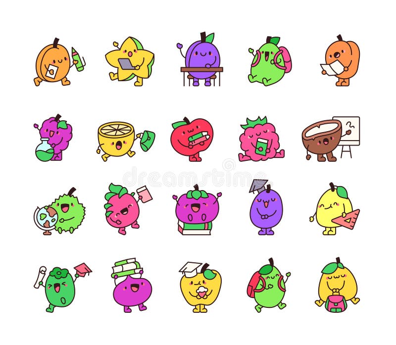 Cute Fruit Characters with School Things Stock Vector - Illustration of ...