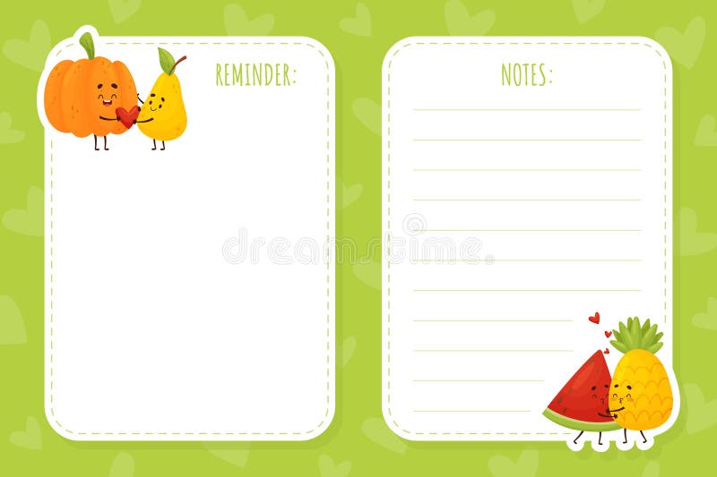 Cute Fruit Couple Empty Note Card Vector Template Stock Vector ...