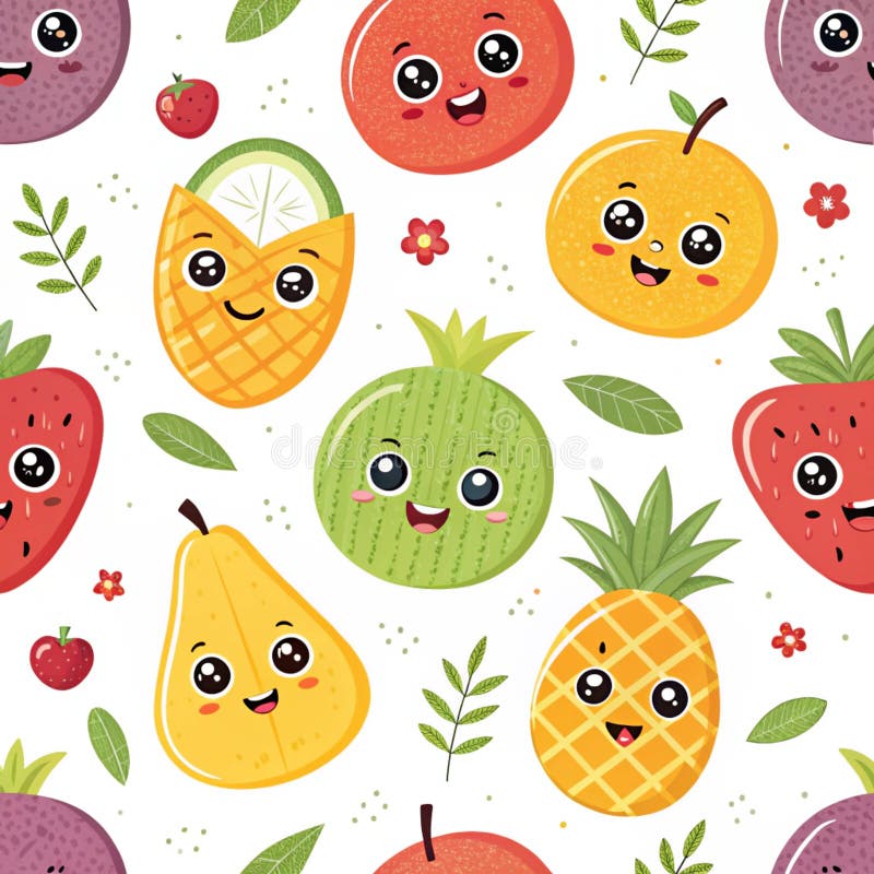 Cute Fruit Pattern with Cartoon Faces Stock Photo - Image of strawberry ...