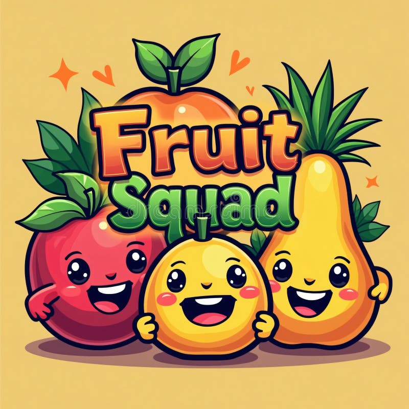 Cute Fruit Squad Cartoon T-Shirt Design Stock Illustration ...