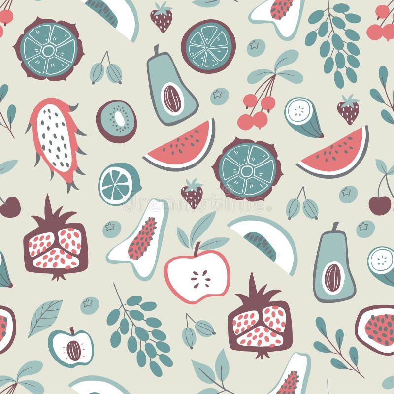 Cute Fruit Summer Seamless Pattern. Vector Hand Drawn Illustration ...