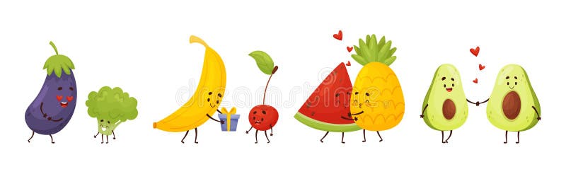 Cute Fruit and Vegetable Couples Feeling Love and Passion Vector Set ...
