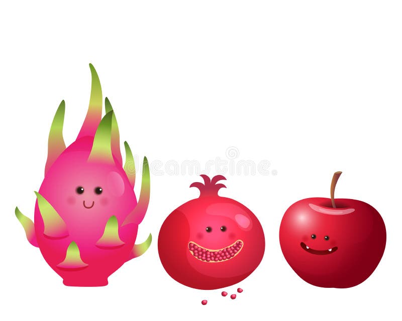 Cute Fruits-apple, Dragon Fruit, Pomegranate Stock Vector ...