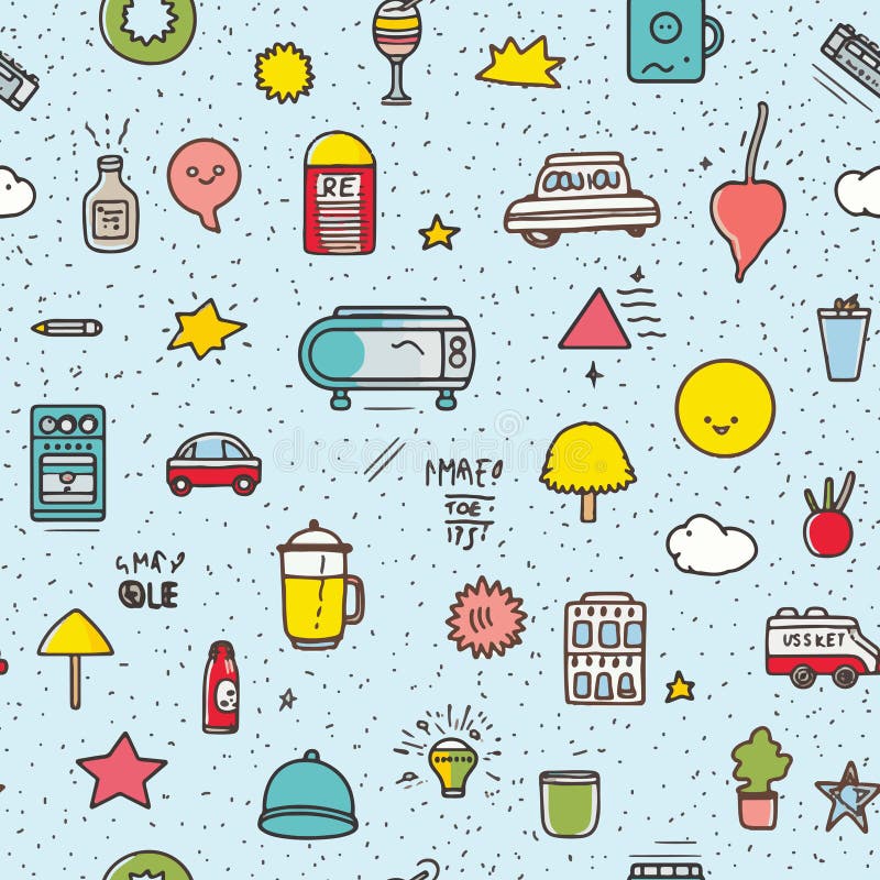 Cute Fun Doodle Pattern with Everyday Objects on Black Background Stock ...