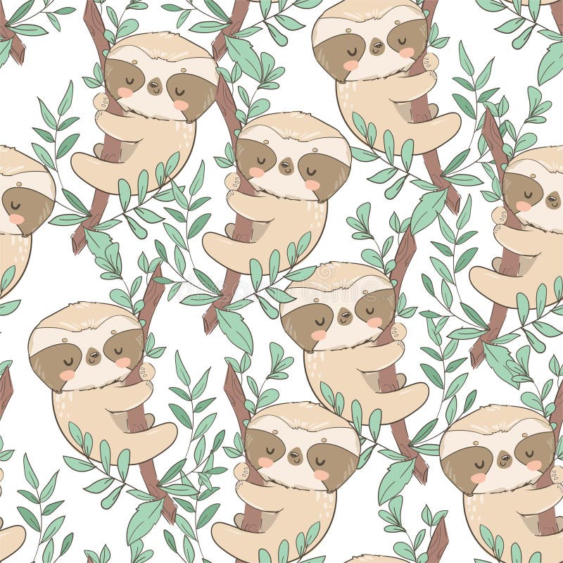 Cute Fun Sloths on a Branch with Leaves Seamless Pattern Vector Illustration Stock Vector ...