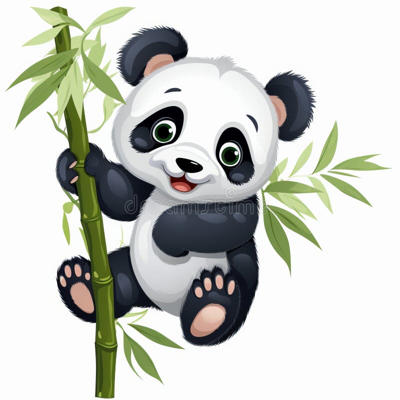 Cute Funny Baby Panda Hanging on a Bamboo Tree, Vector Illustration ...