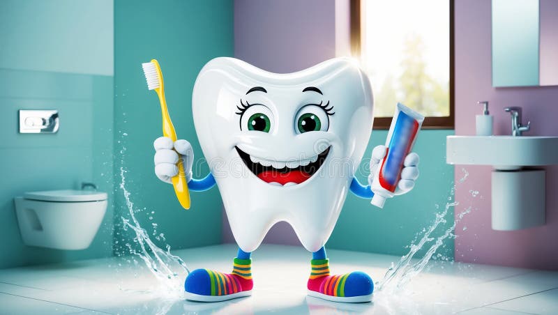 Cute Funny Cartoon Tooth Character Toothbrush in Bathroom Stock ...