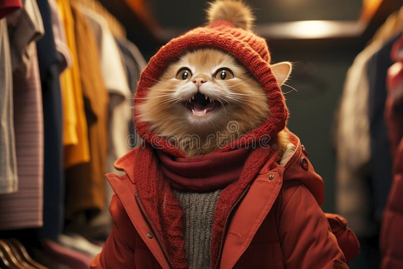 Cute Funny Cat in Winter Clothes in Fitting Room Stock Photo - Image of ...