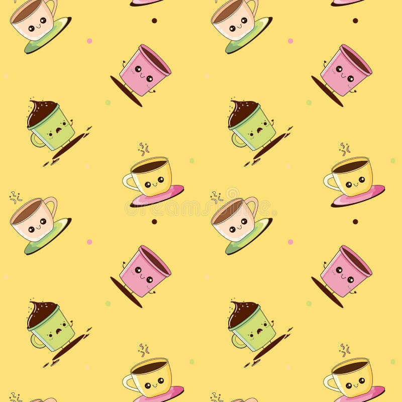 Cute Funny Coffee Cup Seamless Pattern Background Vector Illustration ...