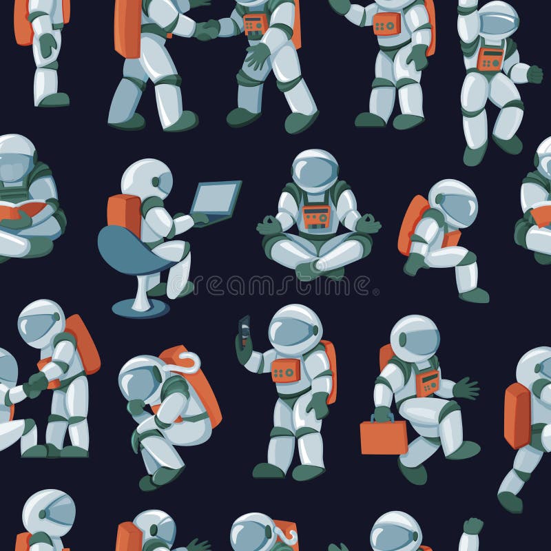 Cute Funny Cosmonaut Astronaut Spaceman Characters Seamless Abstract ...