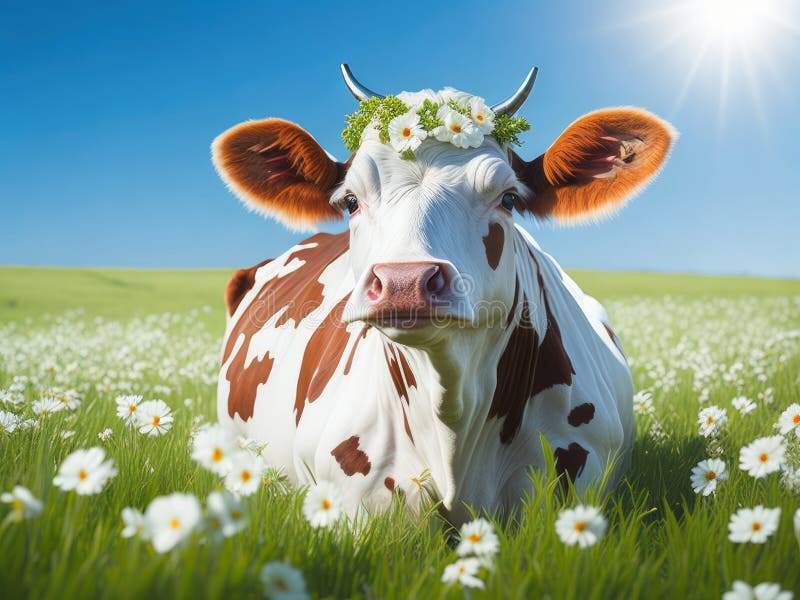 Cute Funny Cow in Spring Wearing White Flowers. Ai Generative Stock ...