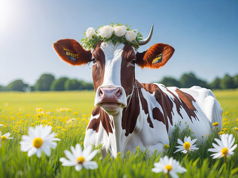 Cute Funny Cow in Spring Wearing White Flowers. Ai Generative Stock ...
