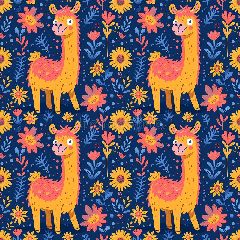 Cute Funny Cute Blue Seamless Pattern Background with Lama Pattern ...