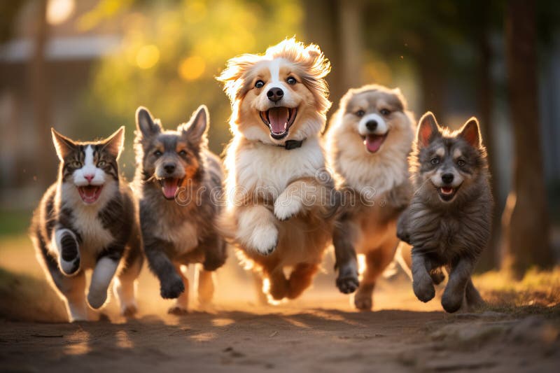 Cute Funny Dog and Cat Group Jumps and Running and Happily Stock ...