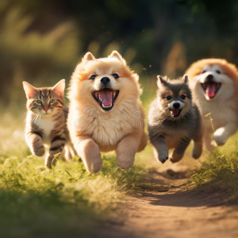 Cute Funny Dog and Cat Group Jumps and Running and Happily Stock ...