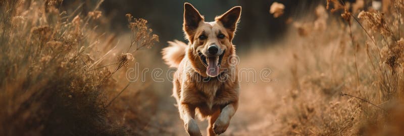 Cute Funny Dog Running in Meadow Looking in Camera. Banner. Generative ...