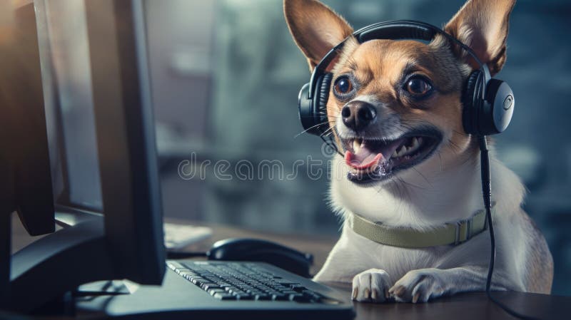 A Cute Funny Dog in a is Working at a Laptop. the Pet Works at the ...