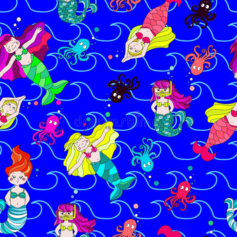 Cute and Funny Hand Drawn Mermaid and Fish Seamless Pattern Vector ...