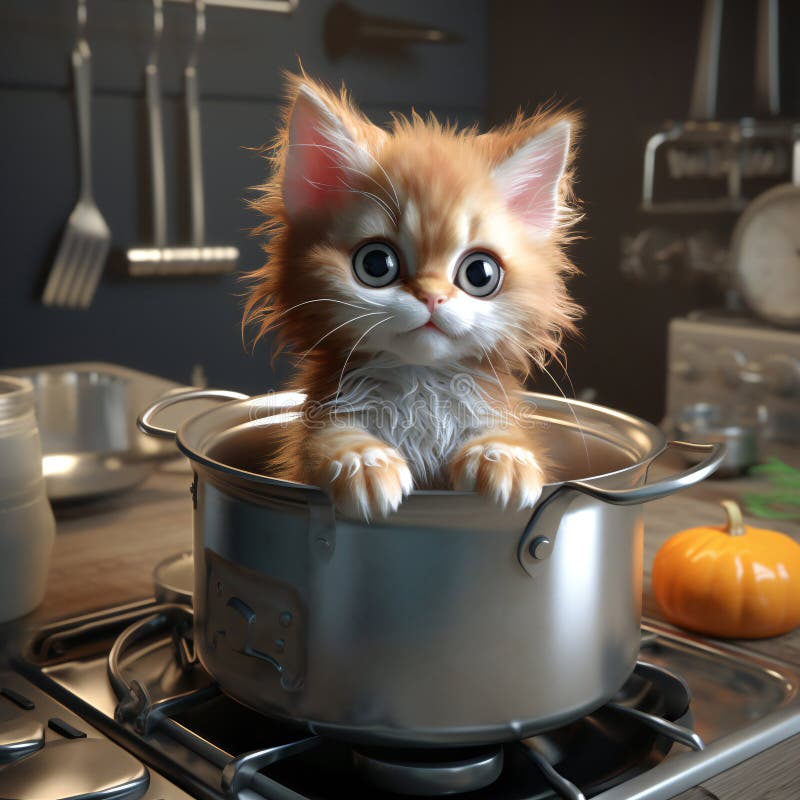 Cute Funny Kitten in Pot on Kitchen Table. 3d Stock Illustration ...