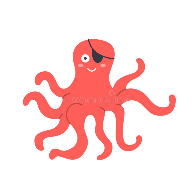 Cute Funny Octopus with Pirate Eyepatch, Vector Illustration in Flat ...