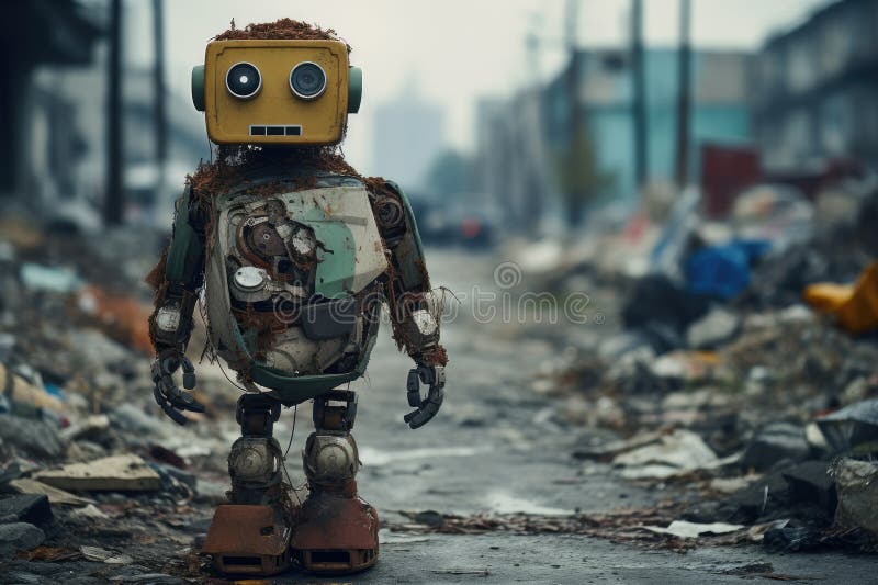 Cute Funny Robot Made of Garbage Standing on a Dirty Street Stock ...