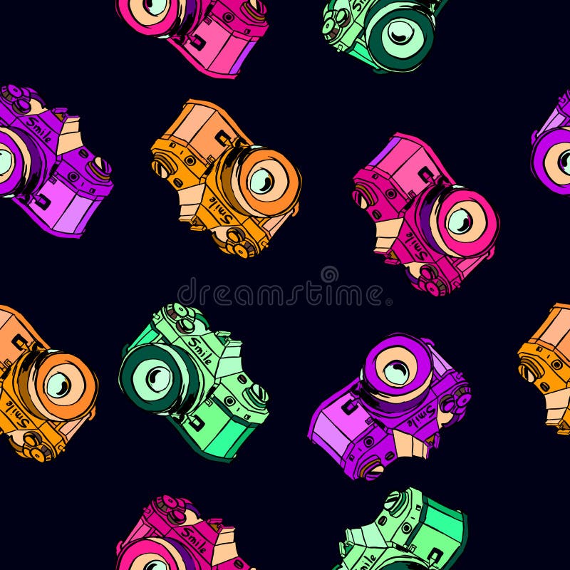 Cute and Funny Vintage Hand Drawn Photo Cameras Seamless Pattern Vector ...